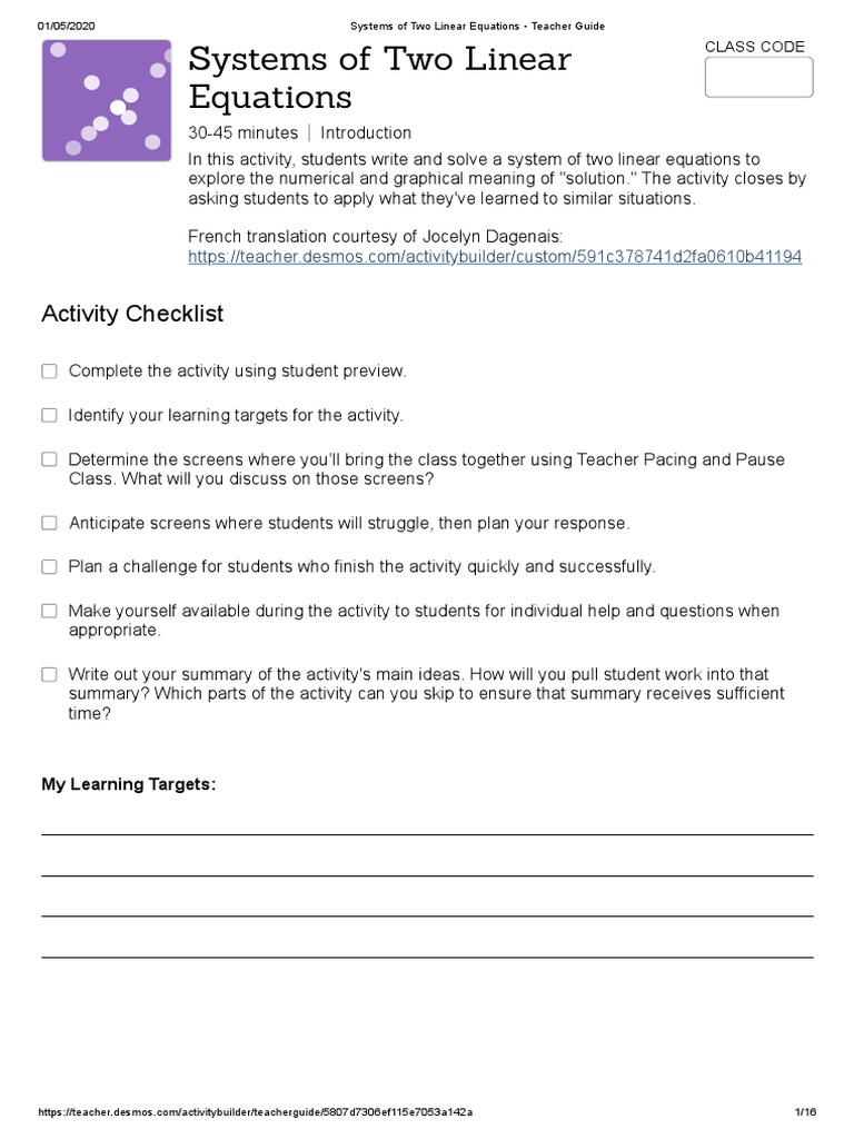 Systems of Two Linear Equations - Teacher Guide | PDF | Teachers ...