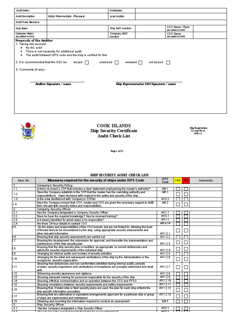 Cook Islands Ship Security Certificate Audit Check List: Proposals of ...
