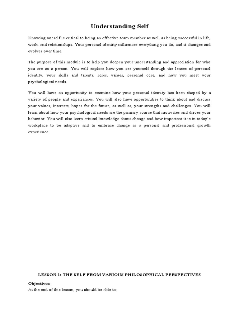 Understanding Self: Lesson 1: The Self From Various Philosophical Perspectives Objectives ...