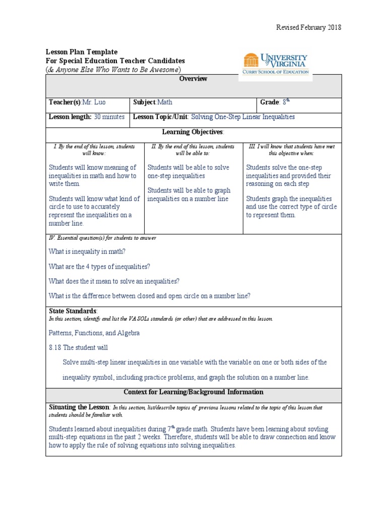 One-Step Linear Inequalities Lesson Plan | PDF | Educational Assessment ...