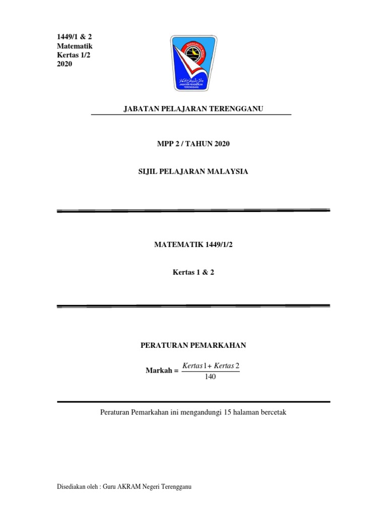 Terangganu Skema MPP2 K1 + K2 Matematik SPM 2020 PDF | PDF