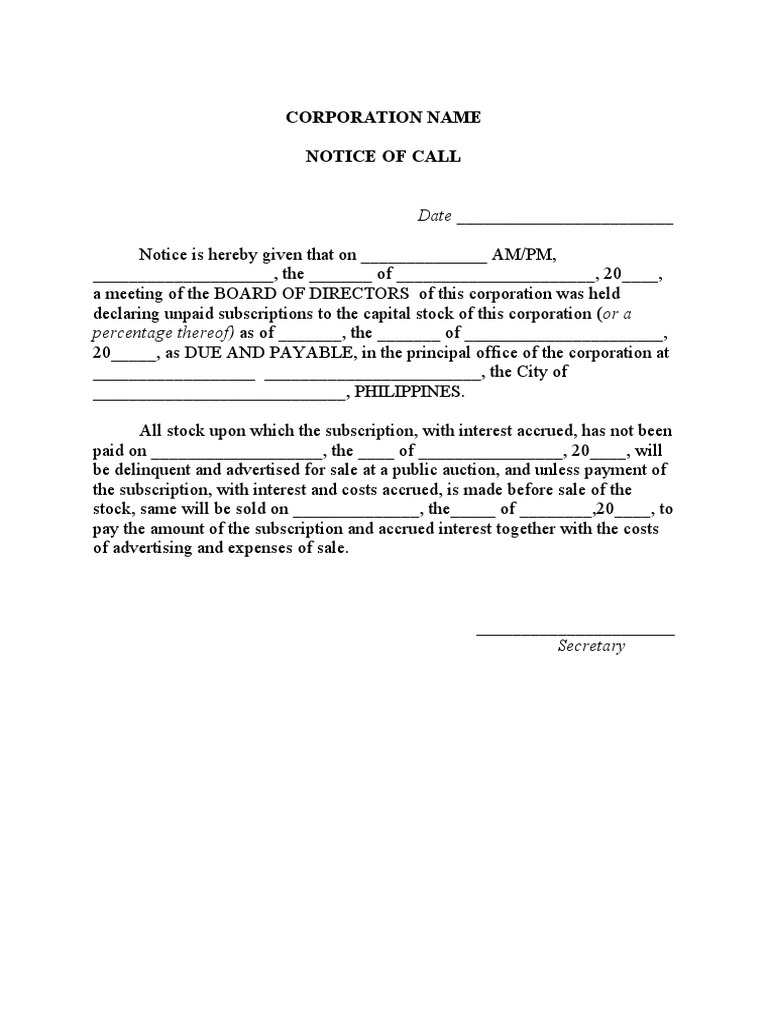 Date - : Corporation Name Notice of Call | PDF