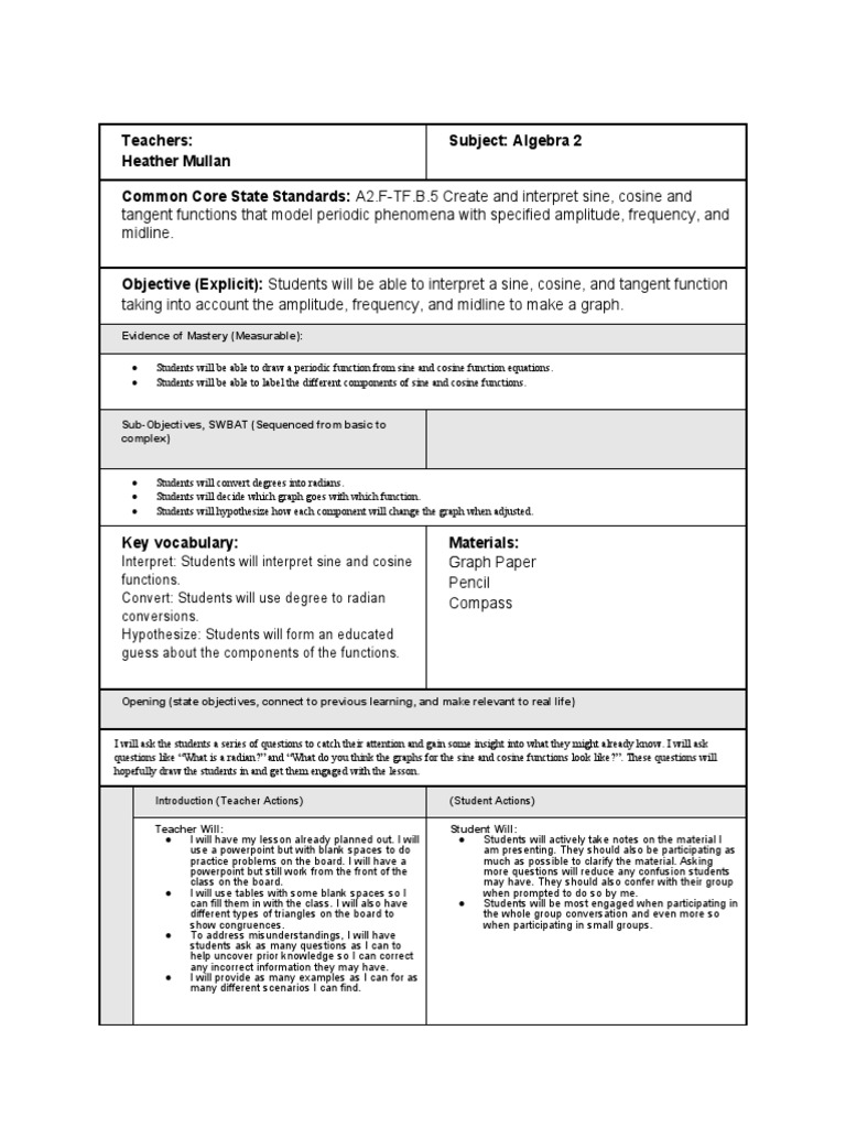 Algebra 2 Lesson Plan | PDF | Trigonometric Functions | Function ...