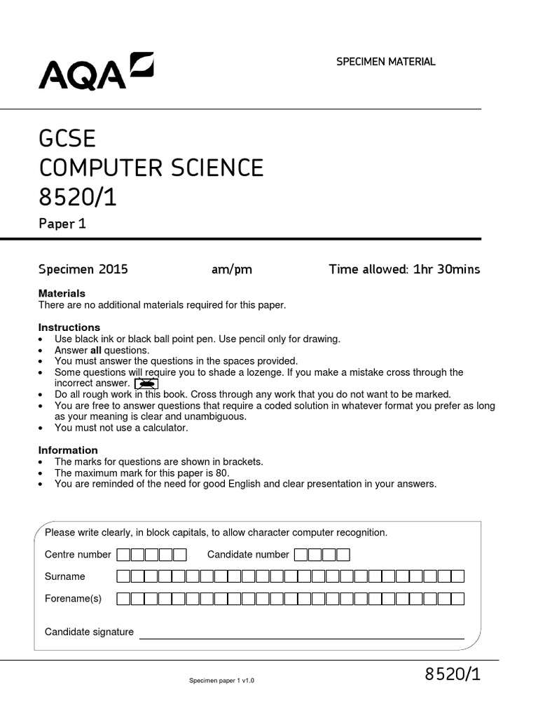 Gcse Computer Science 8520/1: Paper 1 | PDF | Subroutine | Array Data Structure