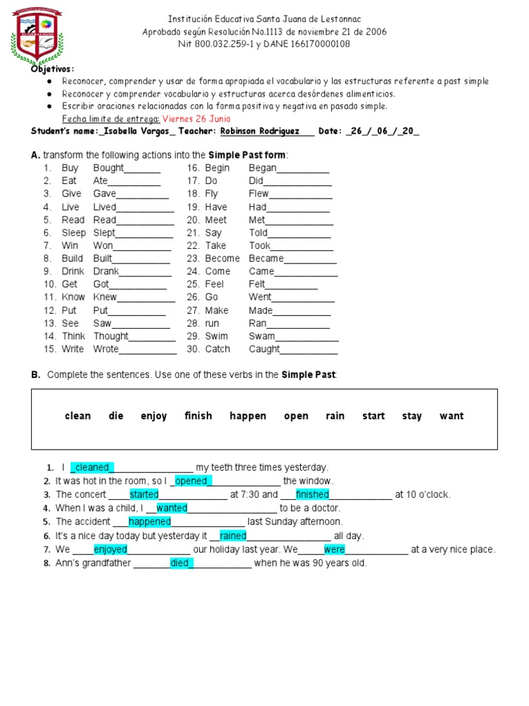 A. Transform The Following Actions Into The Simple Past Form | PDF