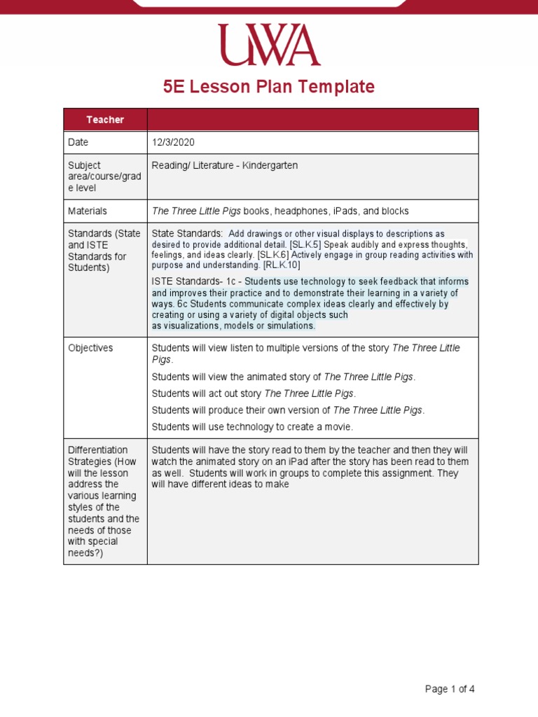 Kindergarten 5E Lesson Plan: Three Little Pigs | PDF | Lesson Plan ...