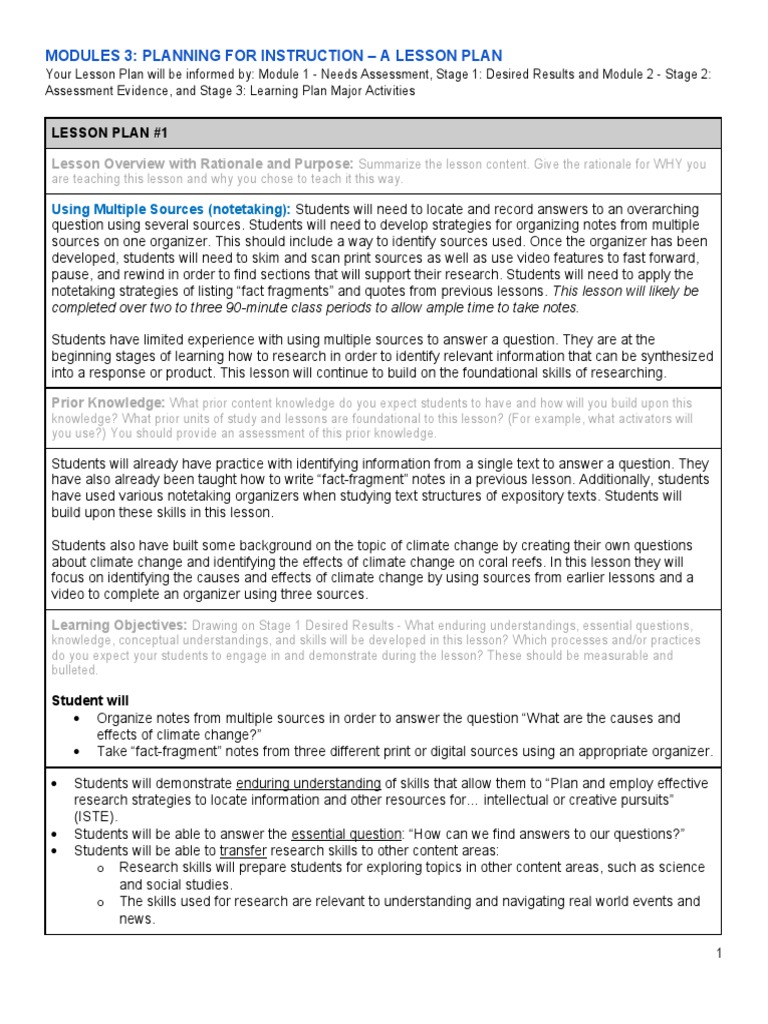 Modules 3: Planning For Instruction - A Lesson Plan: Lesson Overview ...