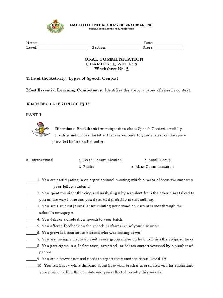 Oral Communication - Worksheet No. 5 | PDF