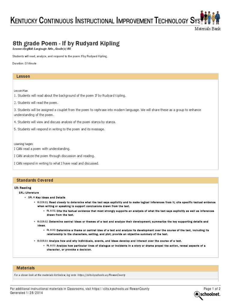 8th Grade Poem - If by Rudyard Kipling PDF | PDF | Poetry | Teaching
