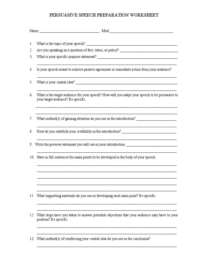 Persuasive Speech Preparation Worksheet | PDF | Communication | Semiotics
