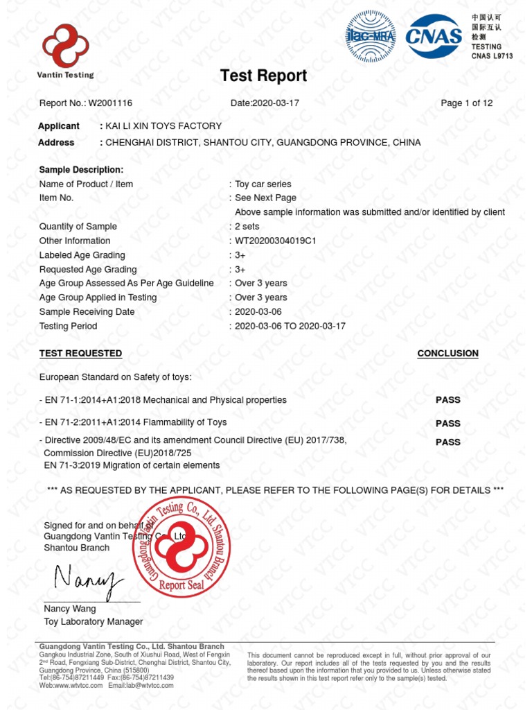Test Report: Applicant: Kai Li Xin Toys Factory Address: Chenghai ...