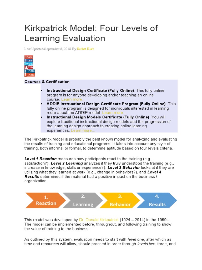 Kirkpatrick Model: Four Levels of Learning Evaluation | PDF | Instructional Design | Educational ...