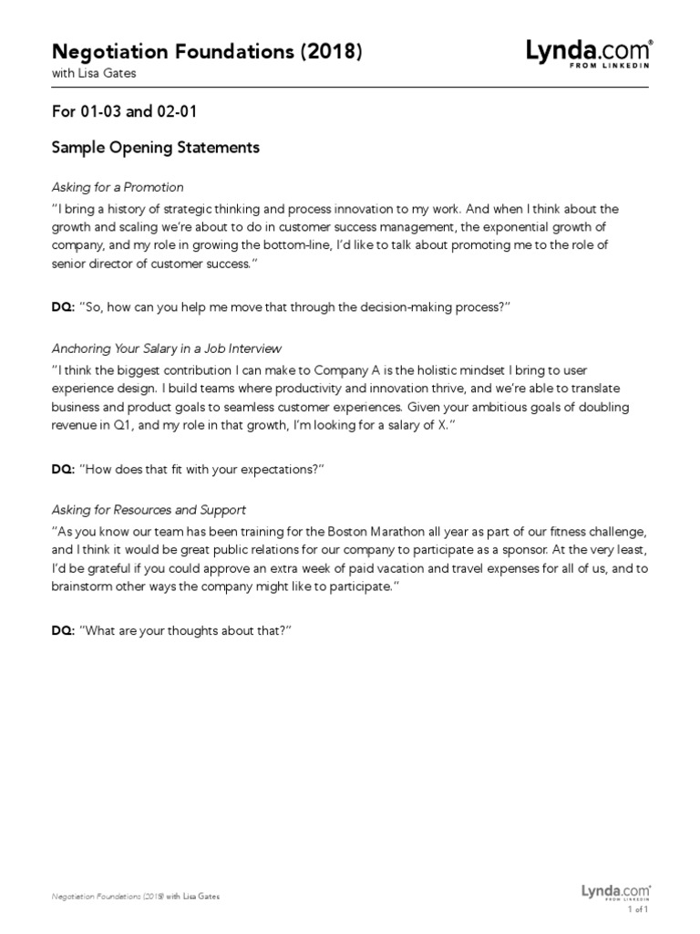 Negotiation Foundations (2018) : For 01-03 and 02-01 Sample Opening ...