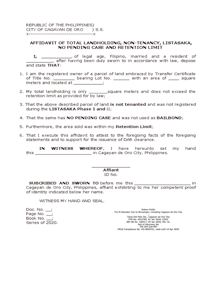 Affidavit of Total Landholding and Non-Tenancy | PDF | Affidavit | Document