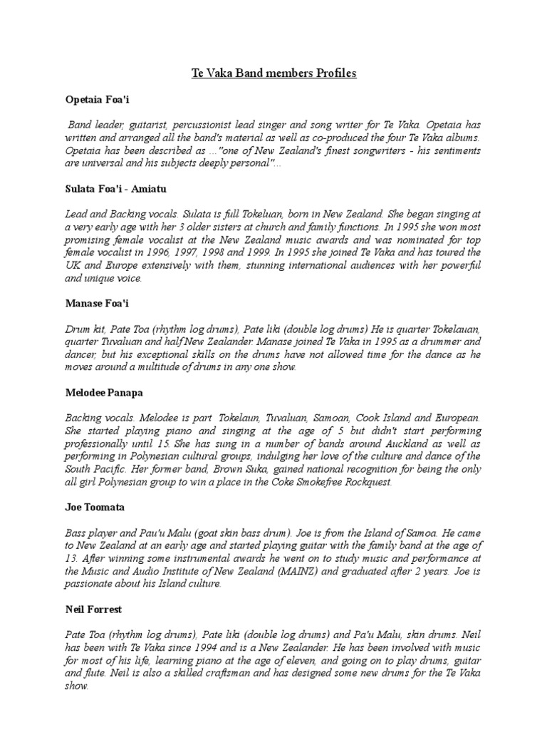 Te Vaka Band Members Profiles | PDF | Performing Arts | Sound