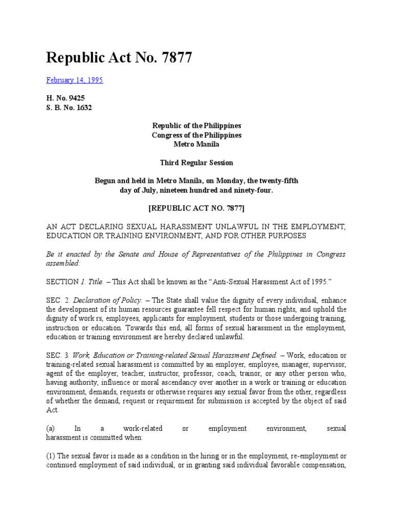 Republic Act 7877 | PDF | Sexual Harassment | Employment