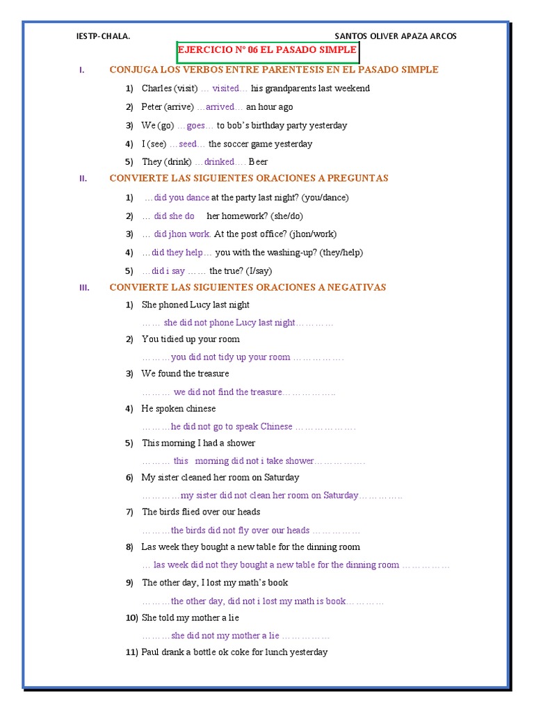 Ejercicio #06 El Pasado Simple | PDF