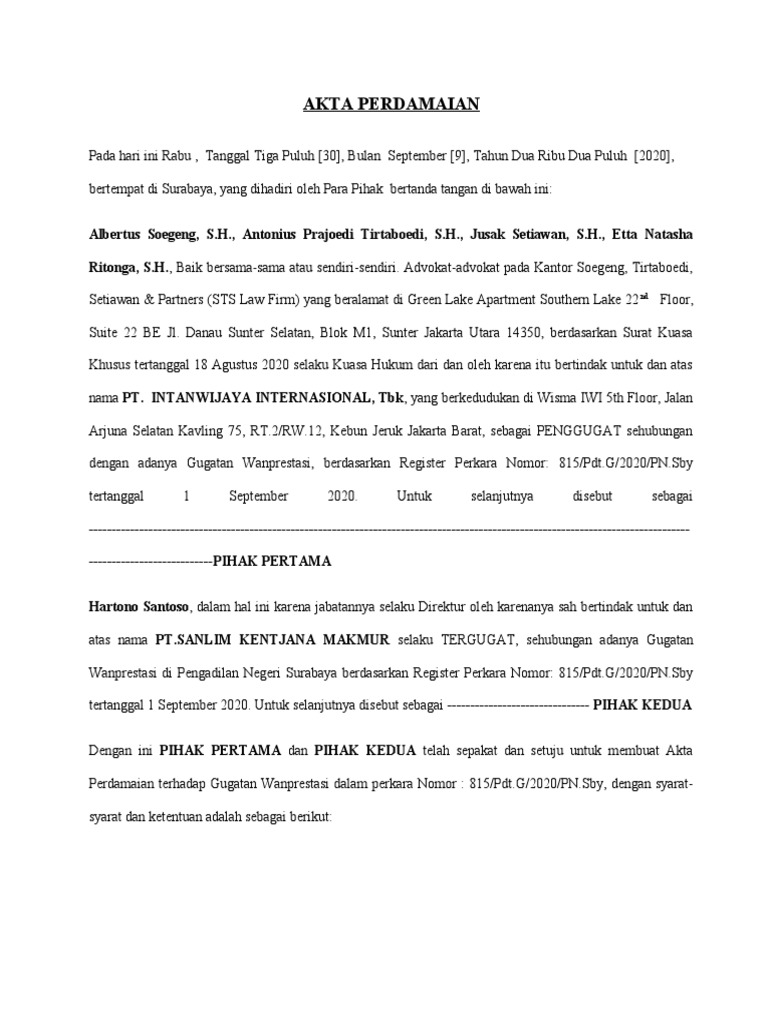 Akta Perdamaian Wanprestasi | PDF