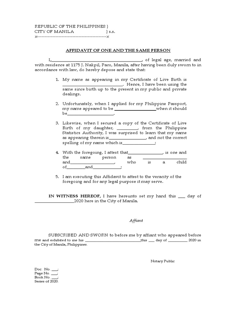 Affidavit One and The Same person-TEMPLATE | PDF