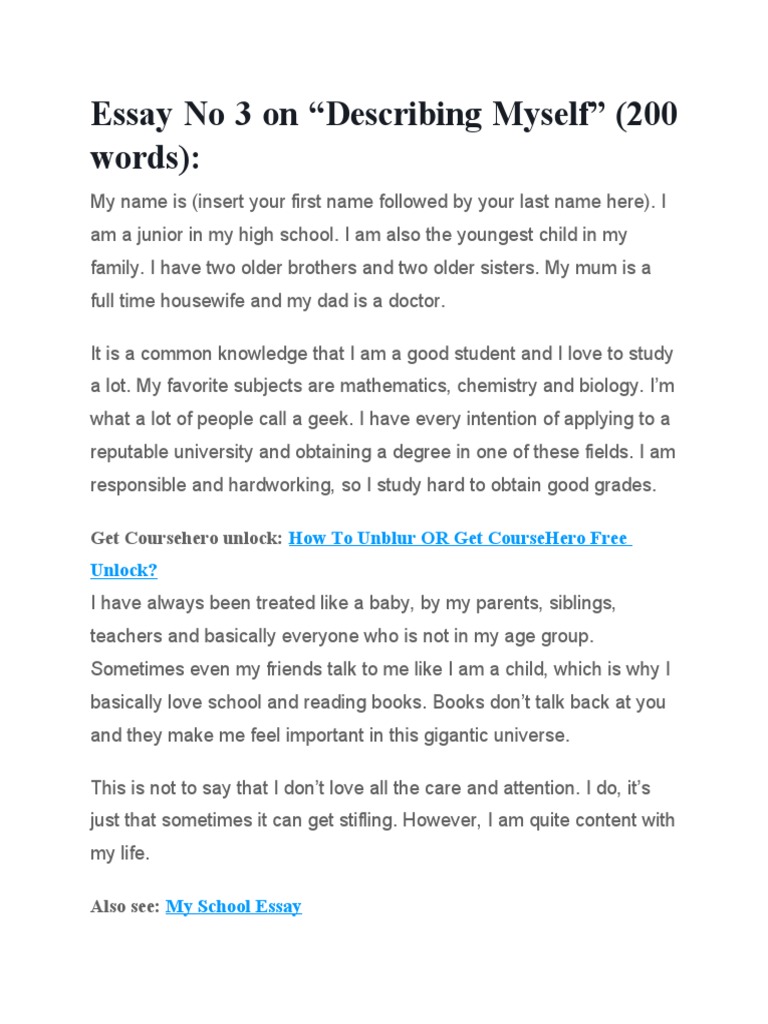 Essay No 3 On "Describing Myself" (200 Words) :: Get Coursehero Unlock | PDF