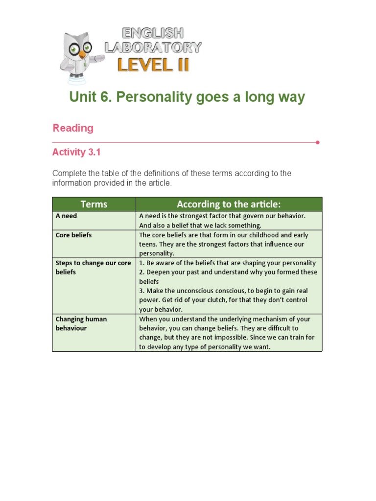Unit 6. Personality Goes A Long Way: Reading | PDF