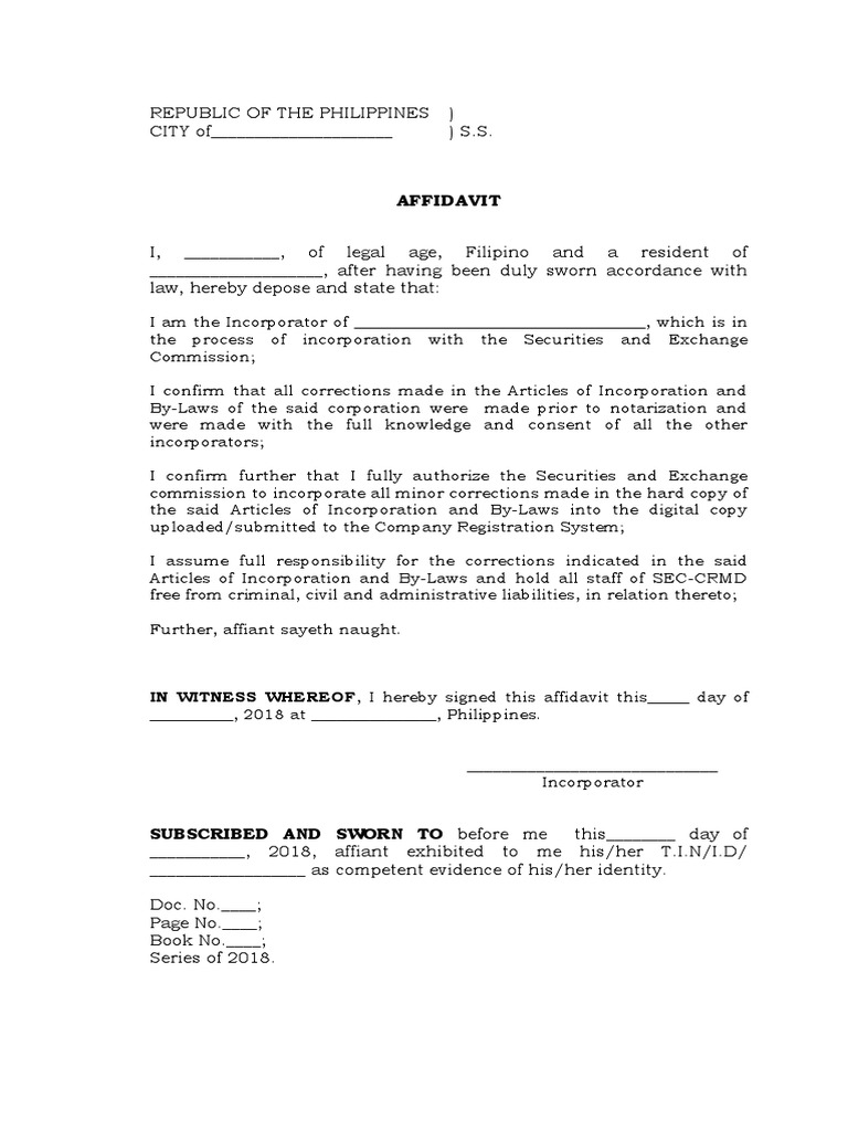 Affidavit for Corporation Incorporation | PDF | Finance & Money Management