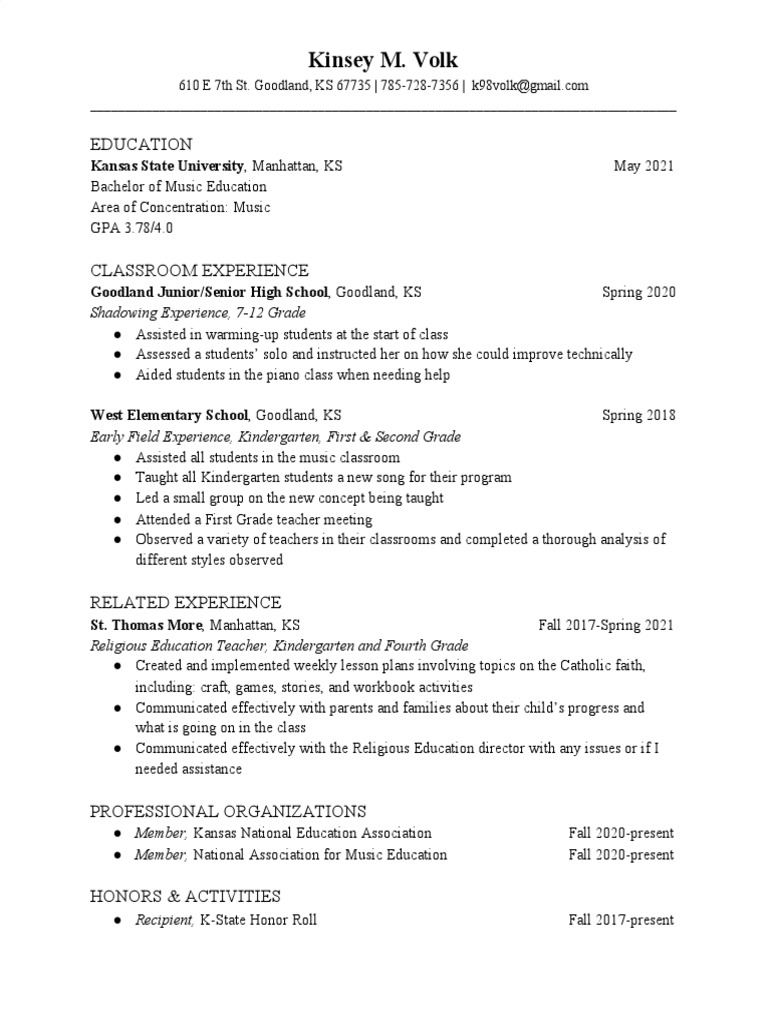 Kinsey Volk Resume | PDF | Teachers | Education Theory