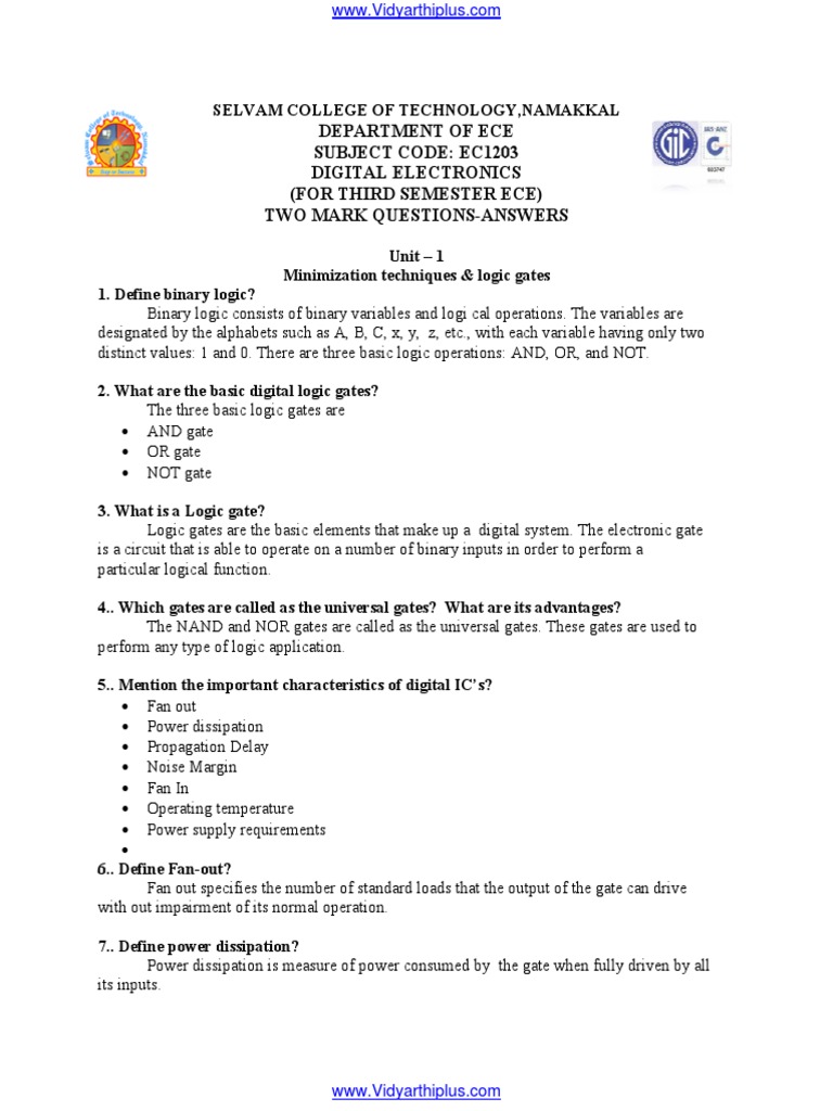 Digital Electronics: Two Mark Questions and Answers on Minimization ...