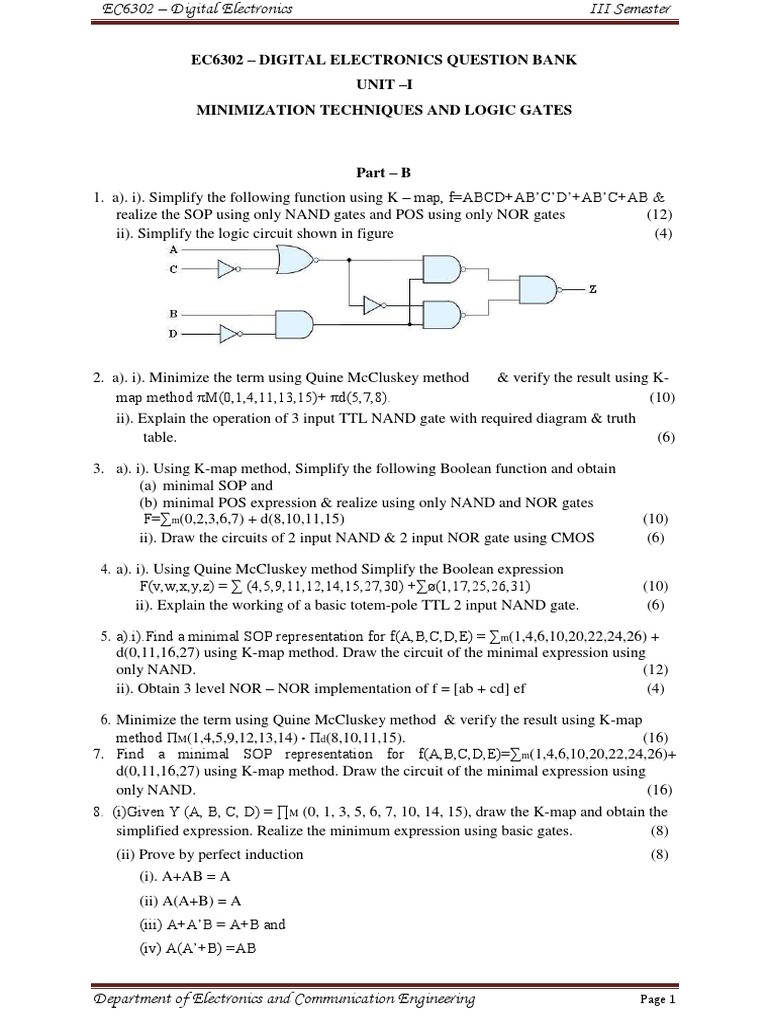 Ec6302 - Digital Electronics Question Bank Unit - I Minimization ...