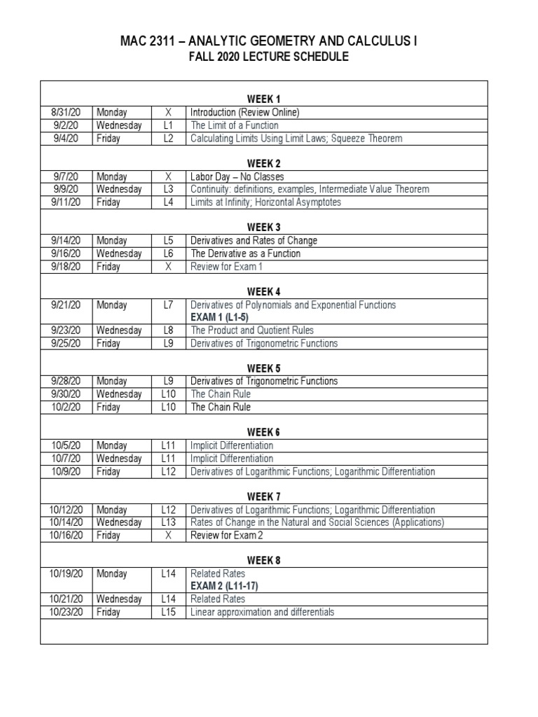 MAC 2311 Fall 2020 Schedule | PDF | Derivative | Calculus
