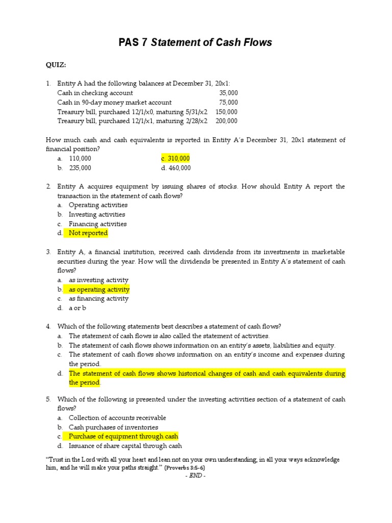 PAS 7 Statement of Cash Flows: Quiz | PDF
