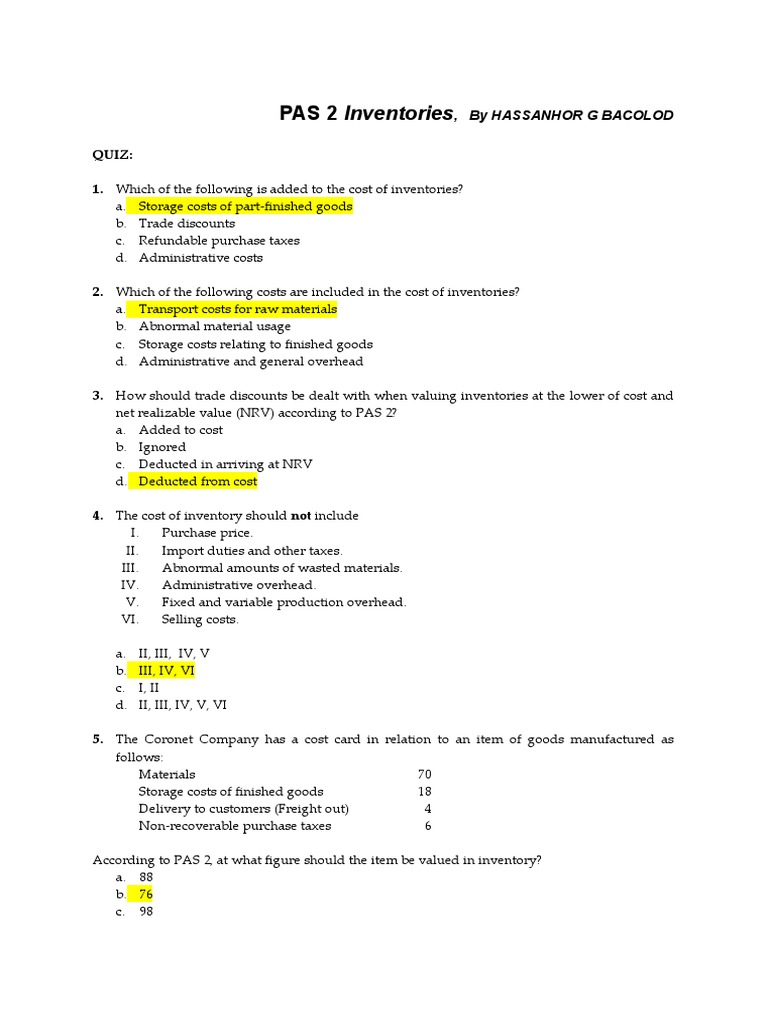 Pas 2 Quiz | PDF | Inventory | Cost