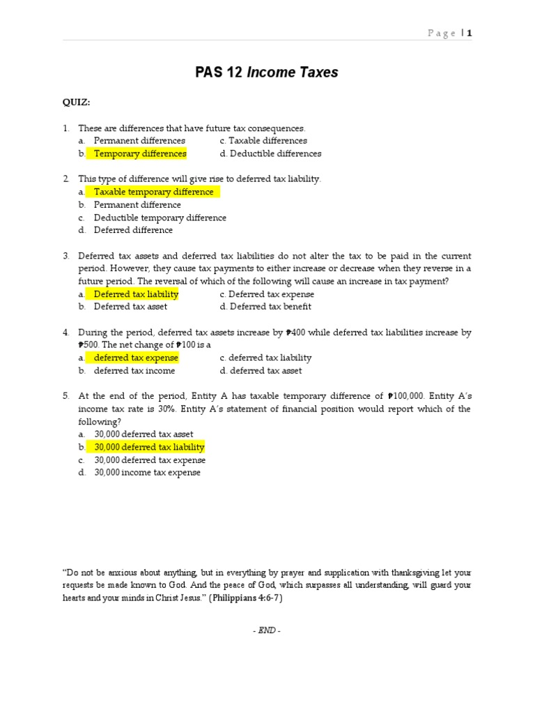 PAS 12 Income Taxes: Quiz | PDF | Finance & Money Management