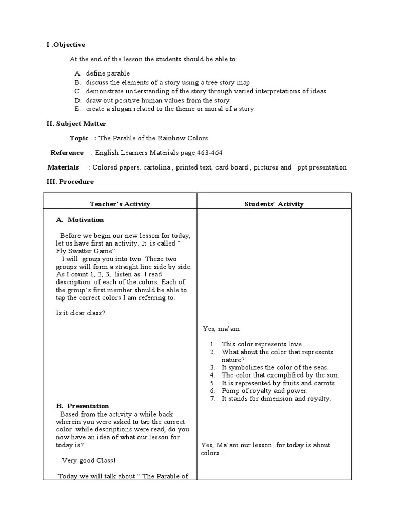 Lesson Plan Parables of Rainbow | PDF | Rainbow | Color