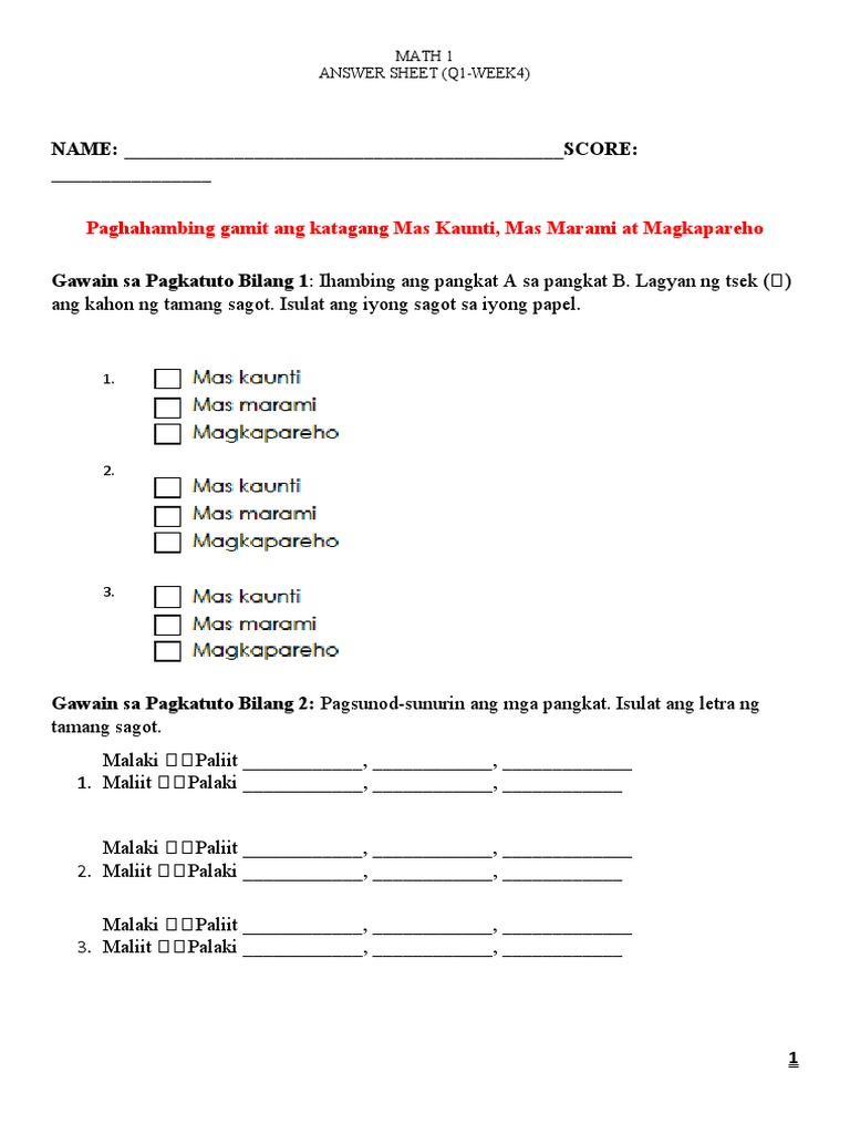 Answersheet MATH1 Q1 W4 | PDF