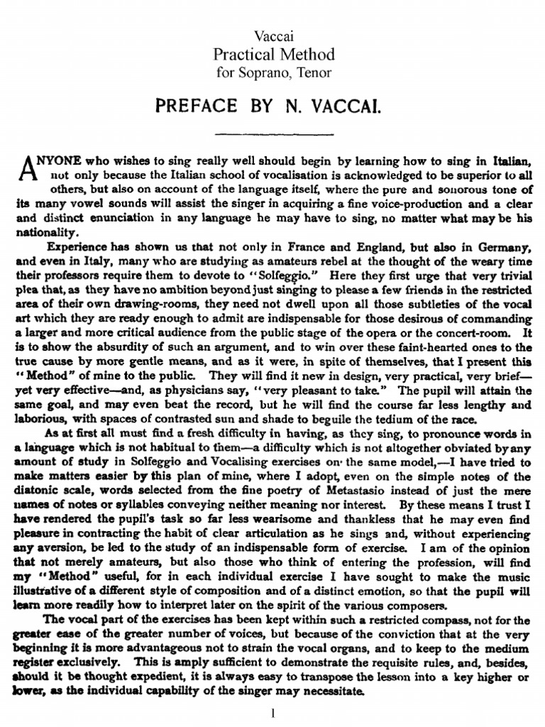 Vaccai Nicola Practical Method For Soprano Tenor | PDF