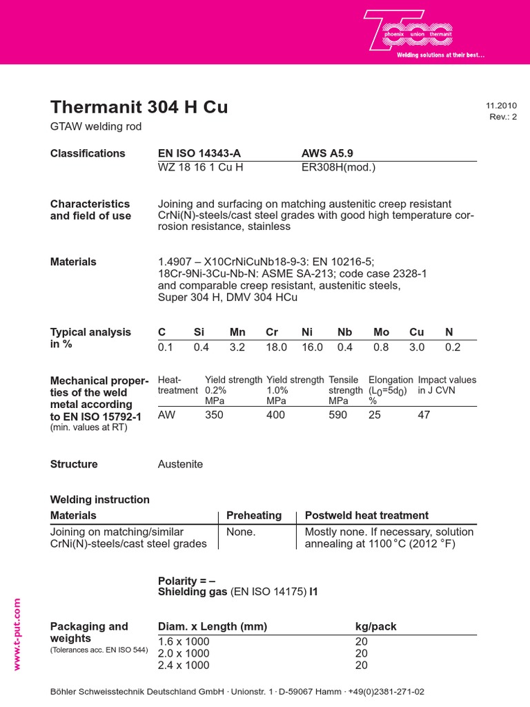 T - Thermanit 304 H Cu - Gtaw - 01 - 01 - en PDF | PDF | Stainless ...