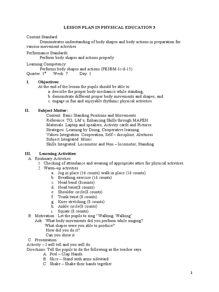 Physical Education Lesson on Body Shapes | PDF | Lesson Plan ...