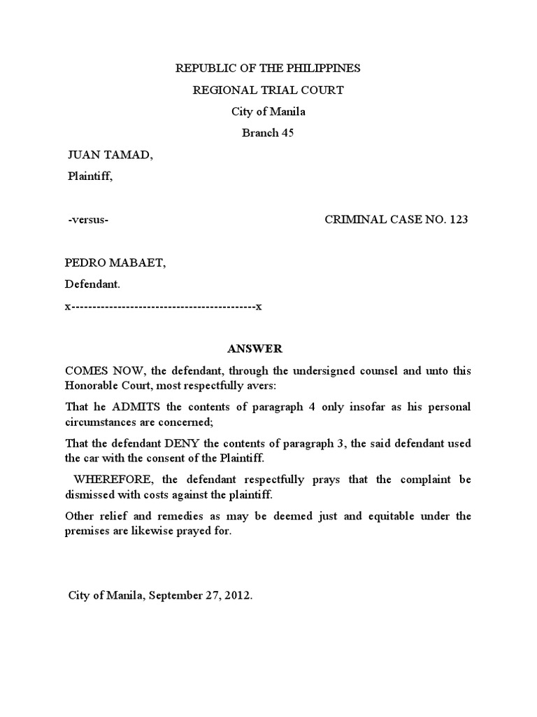 Answer To The Complaint Sample | PDF