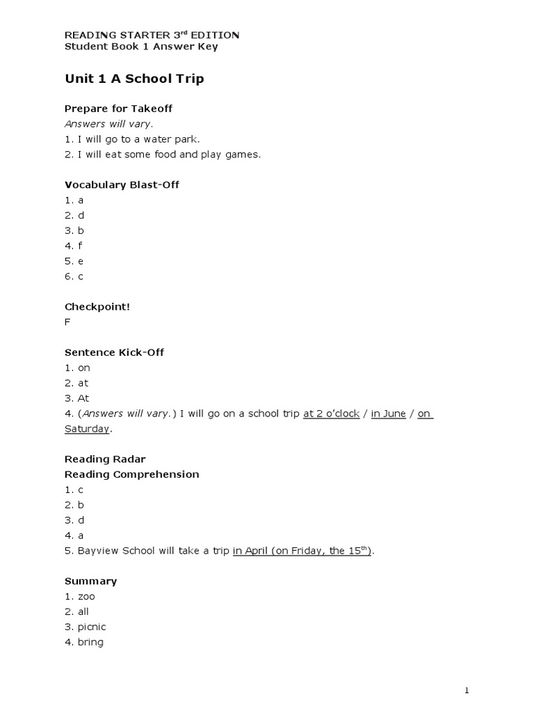 Reading Starter 1 SB Answer Key | PDF | Reading Comprehension | Foods