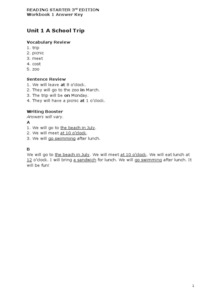 Reading Starter 1 WB Answer Key | PDF | Lunch | Food And Drink