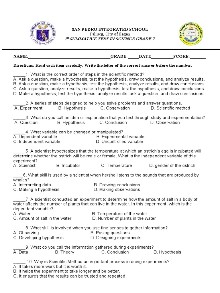 1 Summative Test in Science Grade 7: San Pedro Integrated School | PDF ...