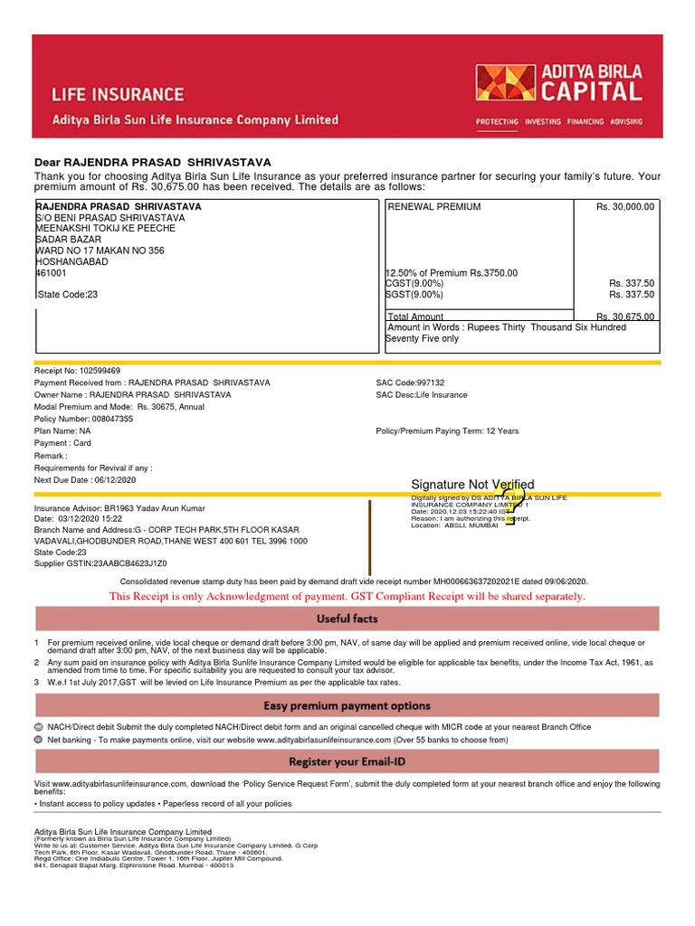 Renewal Receipt for Rajendra Prasad Shrivastava's One-Year Life ...