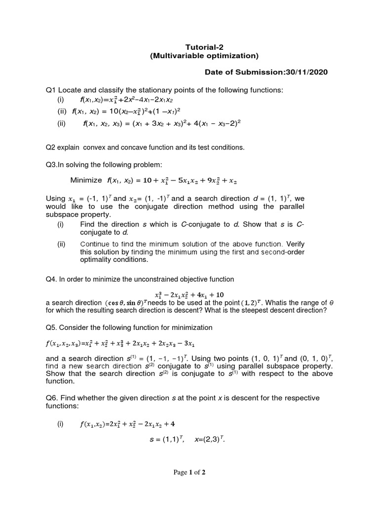 Tutorial-2 (Multivariable Optimization) 2020 | PDF | Mathematical ...