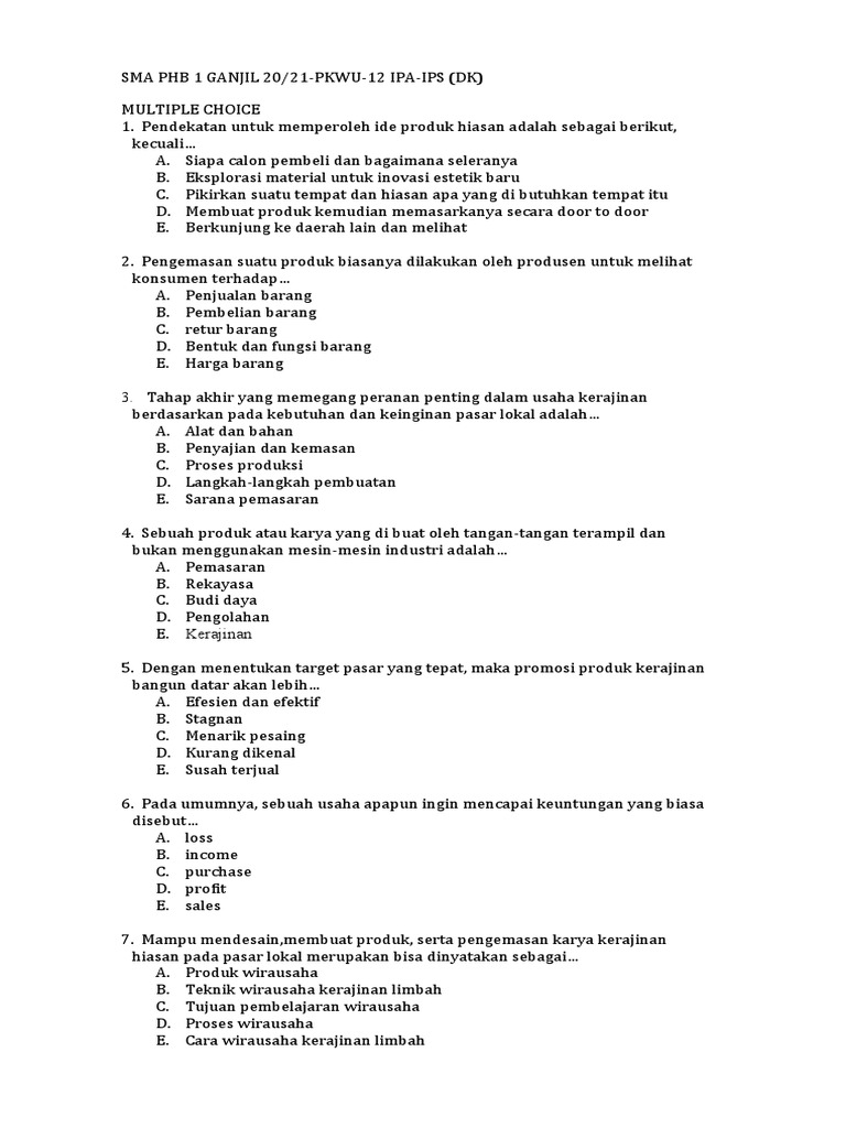 Soal PG phb1 PKWU SMA Kelas XII 20-21 Fix | PDF