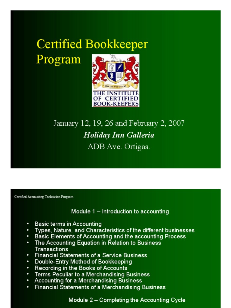 Certified Bookkeeper Program: January 12, 19, 26 and February 2, 2007 ...
