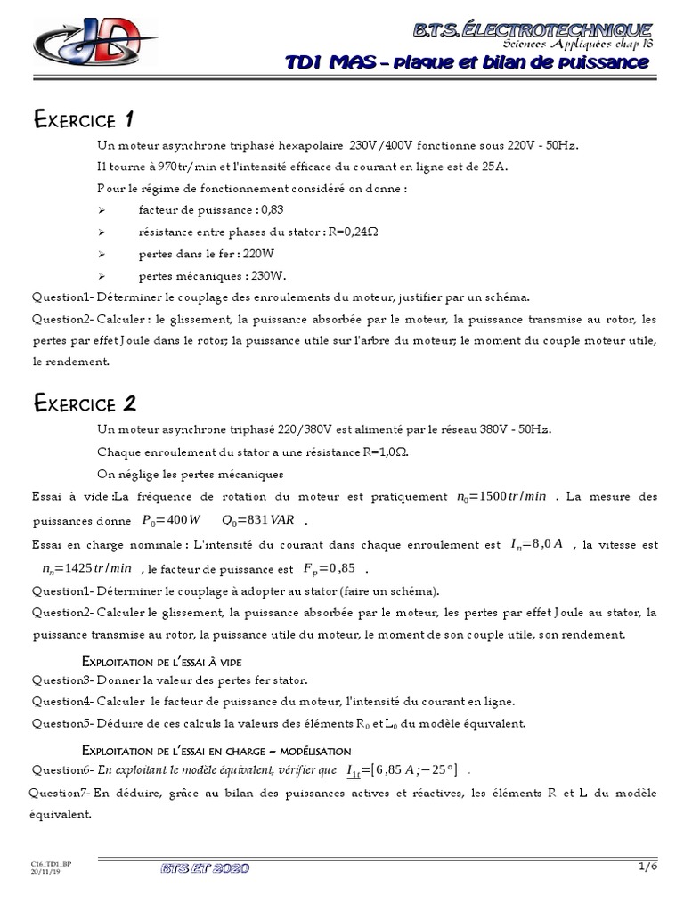 Xercice: Td1 Mas - Plaque Et Bilan de Puissance | PDF | Composants électriques | Obliger