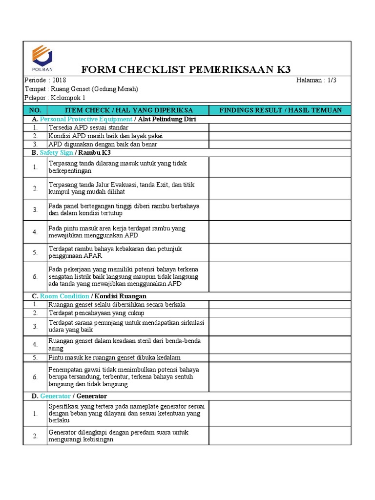 Form Checklist Pemeriksaan k3 | PDF