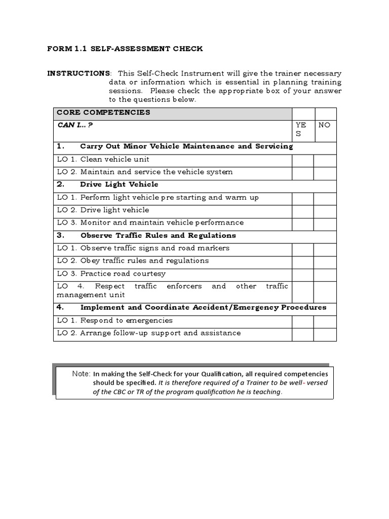 Job Sheet 1.1-6 SELF-ASSESSMENT-CHECKLIST-FORM-1.1-1.4 | PDF | Traffic ...