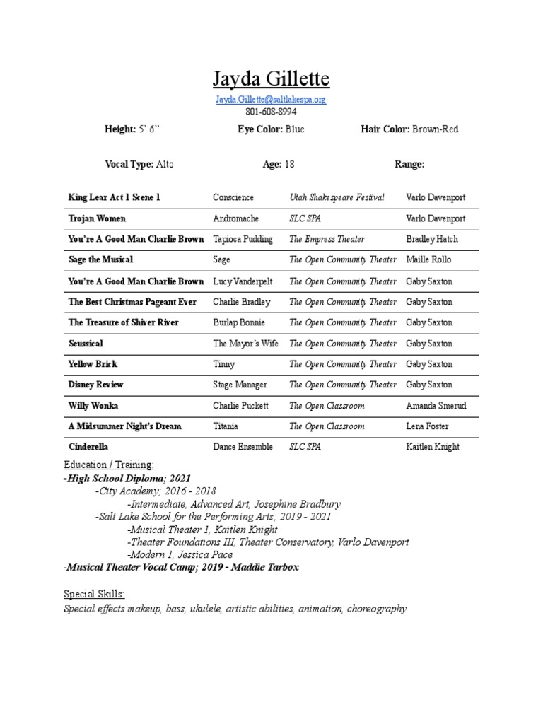 Jayda Gillette: Performing Arts Resume | PDF | Classics